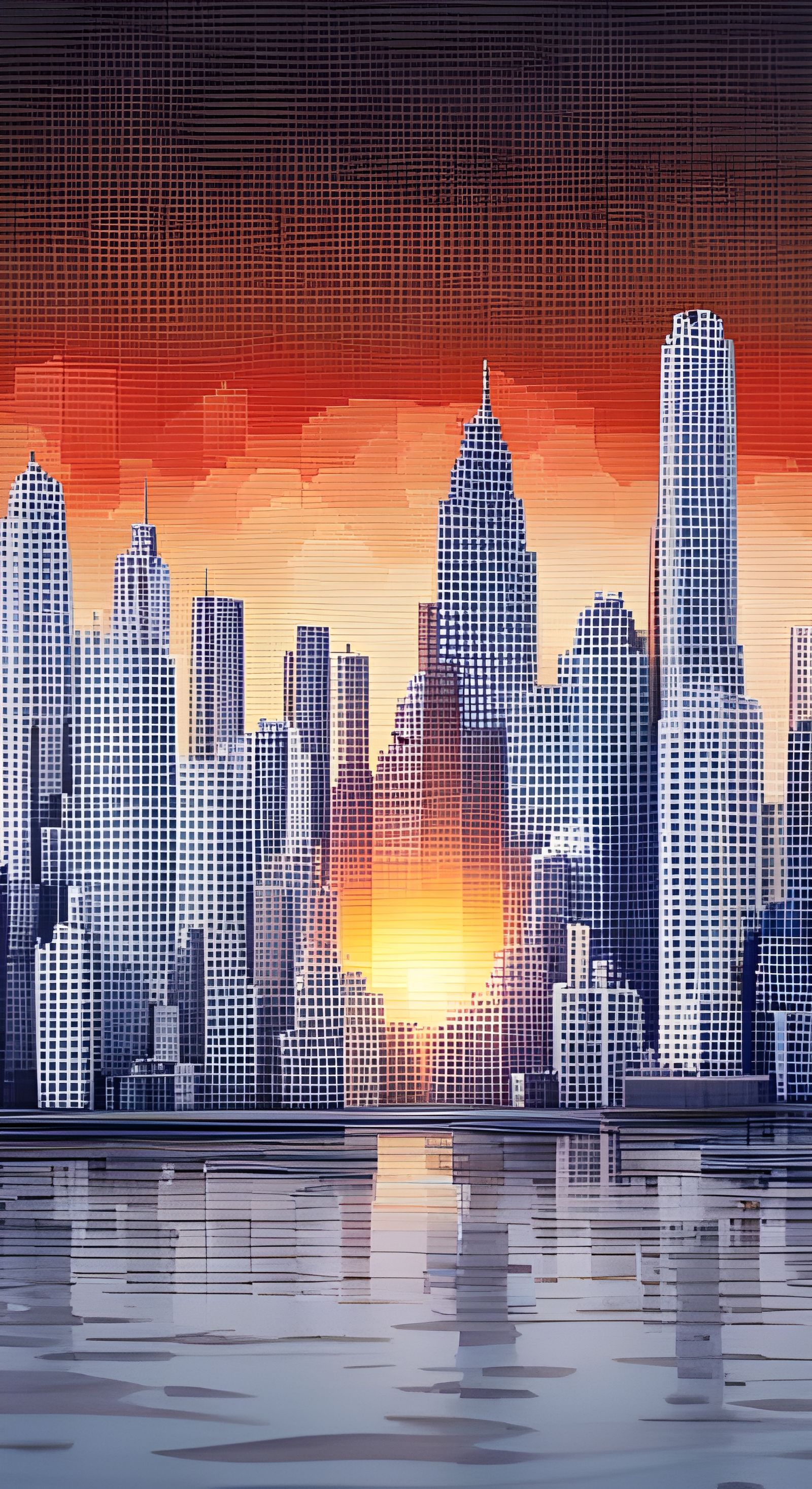 Made of 8bit Pixels City skyline across the water at sunset Origami ...