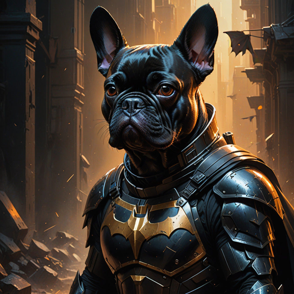 An image of a close-up of a French Bulldog wearing a batman costume, a ...