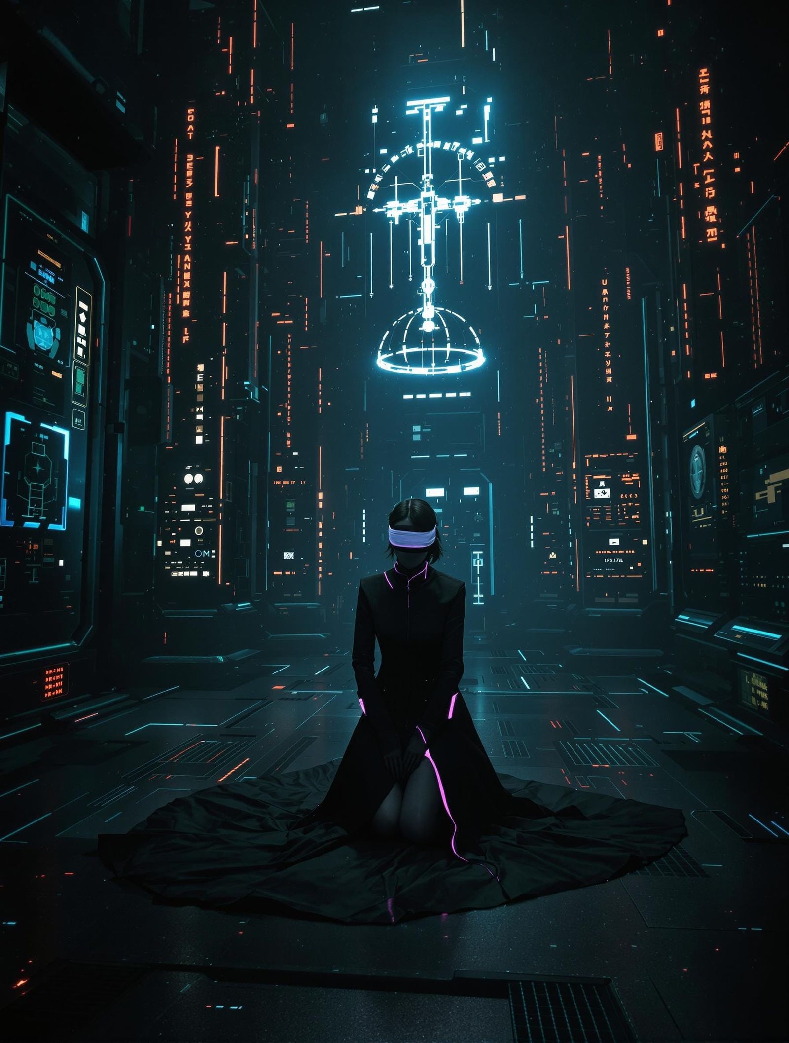 The Future of A.I. - Cyberpunk Oracle Praying in High-Tech T...