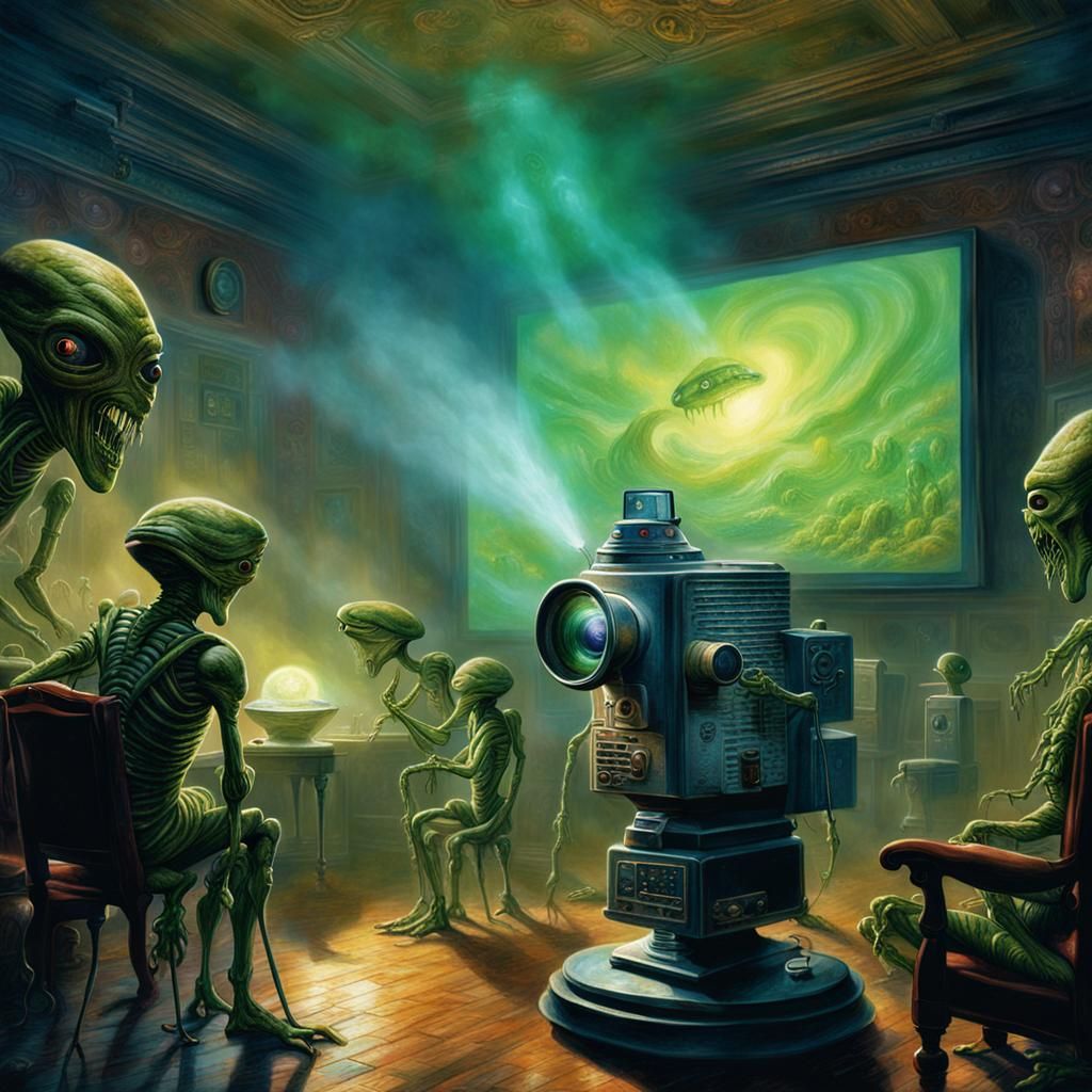 Aliens and a film projector. - AI Generated Artwork - NightCafe Creator
