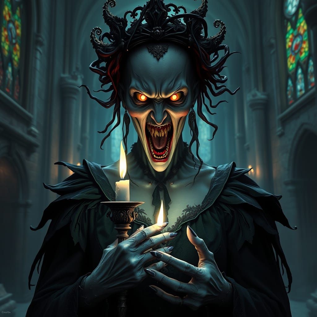 Dark Fantasy Vampire Queen in a Haunted Cathedral - AI Art