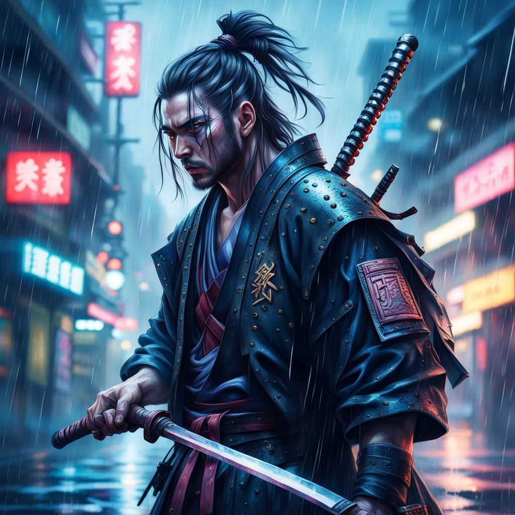 cyberpunk samurai holding a dual wielded katana in the rain and mist in ...
