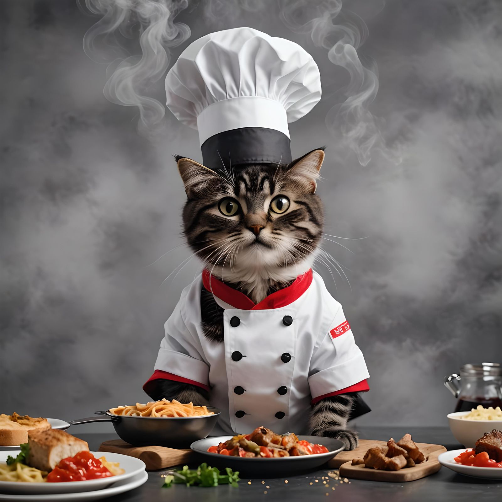 Cute and adorable cat in a black and red chef coat and chef hat ...