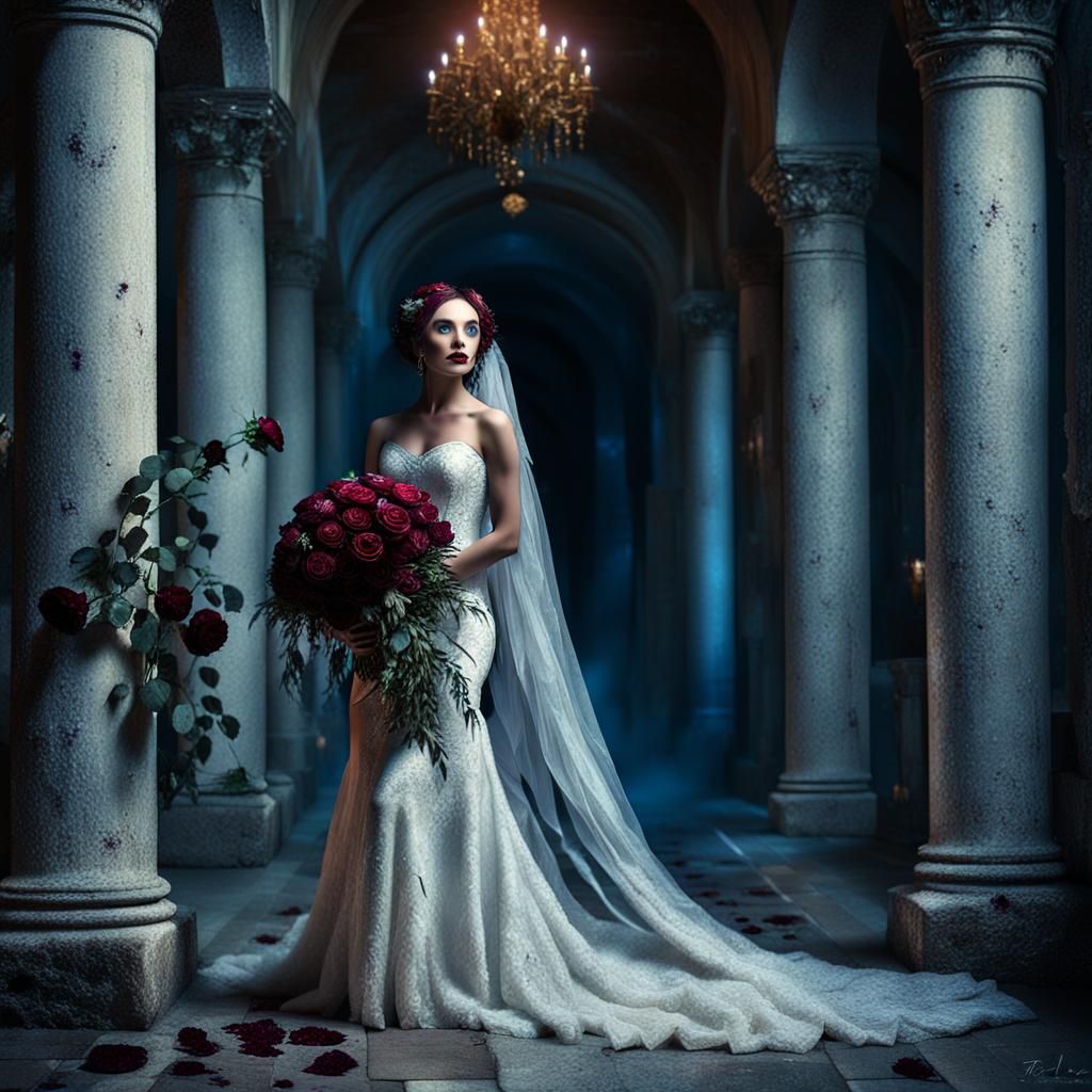 Whispy veiled bride in elaborate corseted white gown holding velvety ...