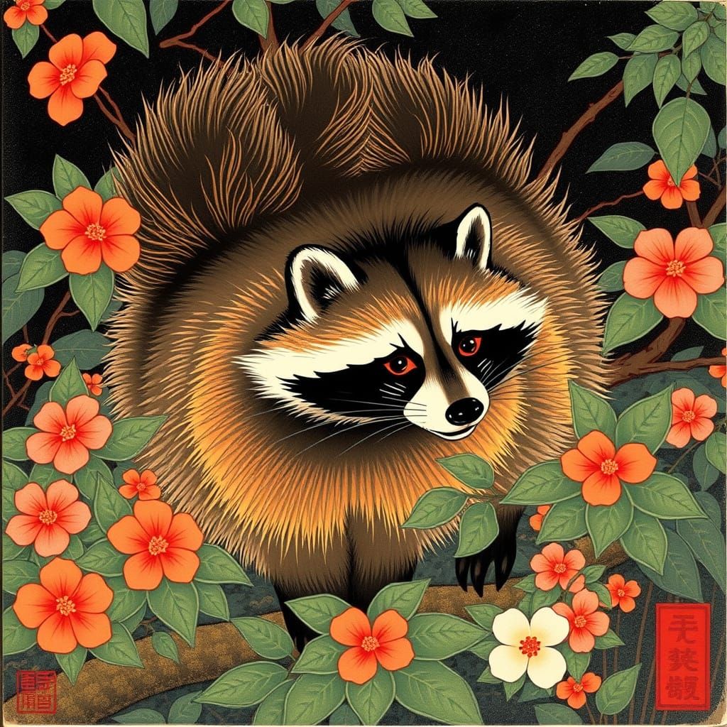 Majestic Raccoon Dog in Whimsical Japanese Landsca... - AI Art