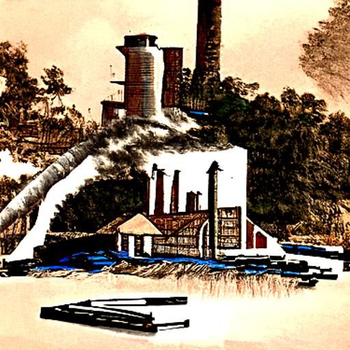 draw a paper mill located on a large body of water, with smokestacks ...
