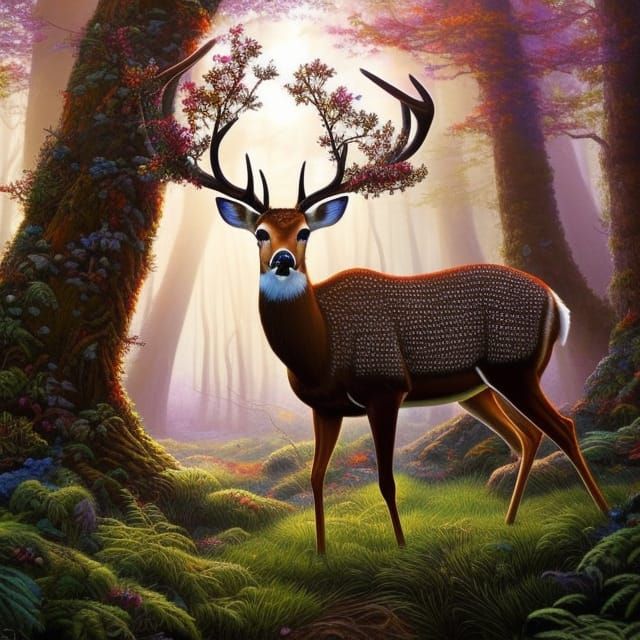 An insanely detailed and vibrant painting of a majestic deer wandering ...