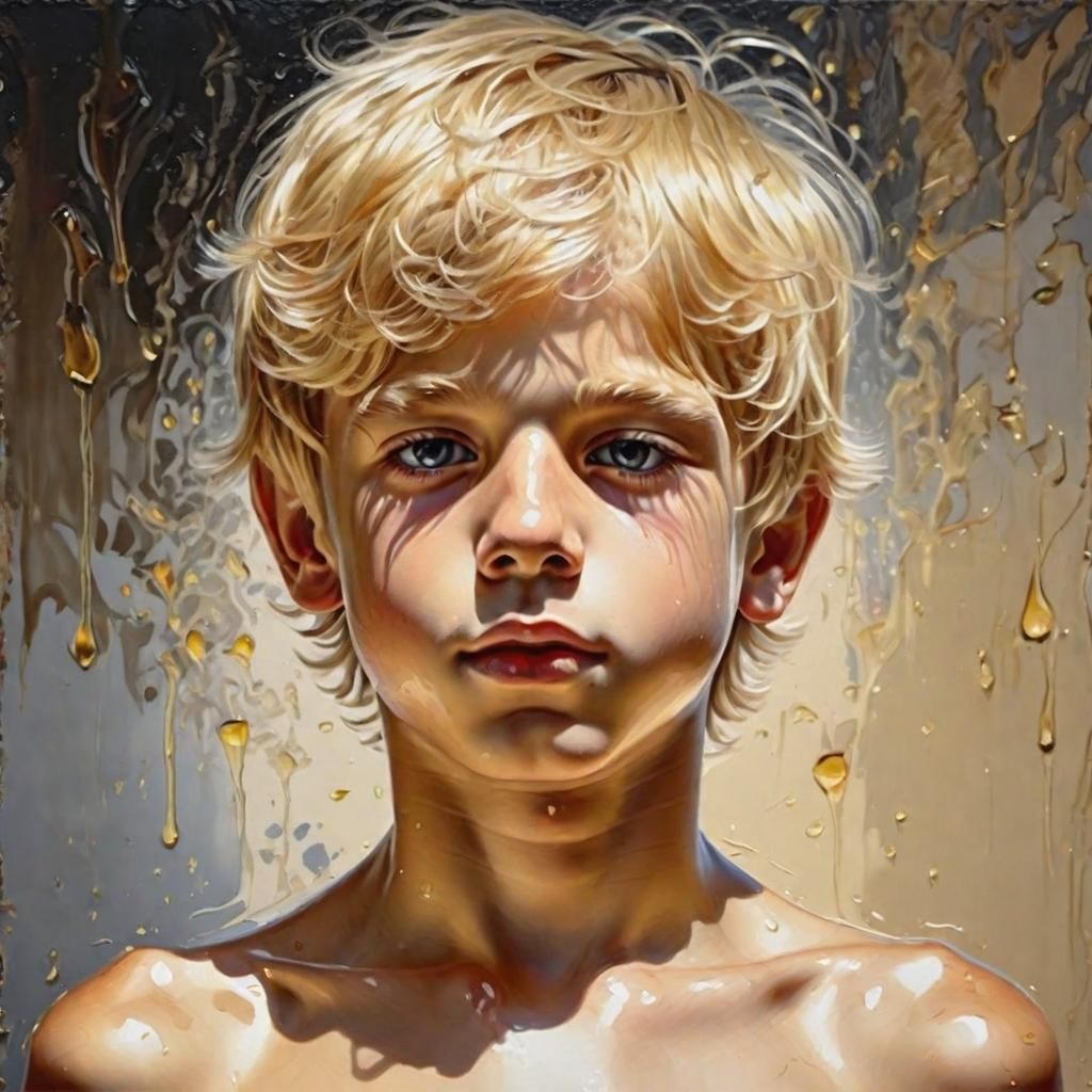 standing blond boy adolescent in love show is body lighting face oil ...