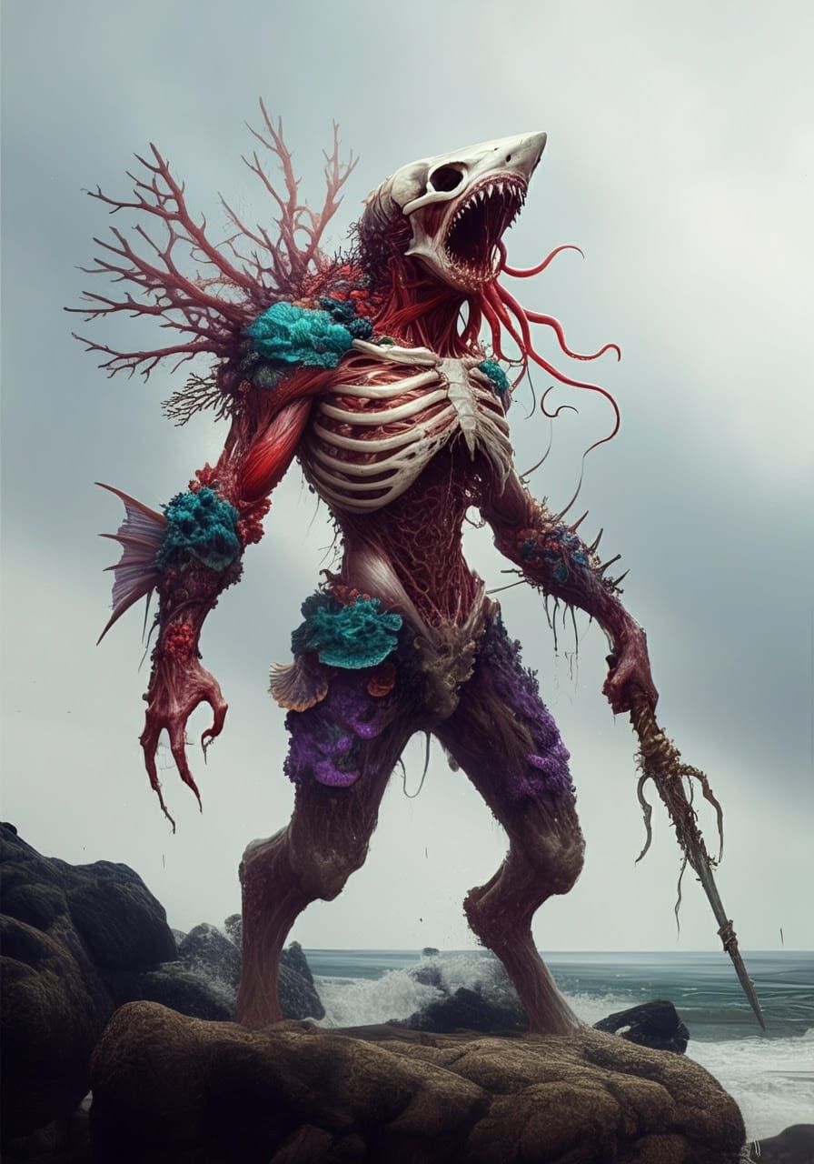 Mutated Humanoid Hybrid Roars with Shark Skull Hea... - AI Art