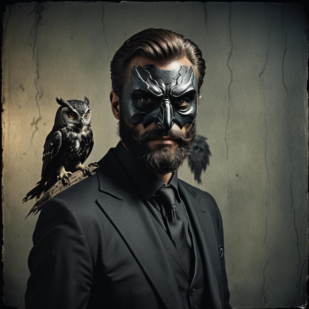 astute bearded man with black face make up using owl and black noir ...