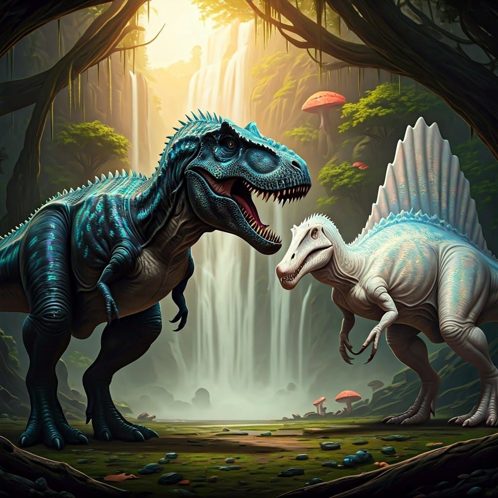 Prehistoric Duel in Iridescent Opal and Ancient Go... - AI Art