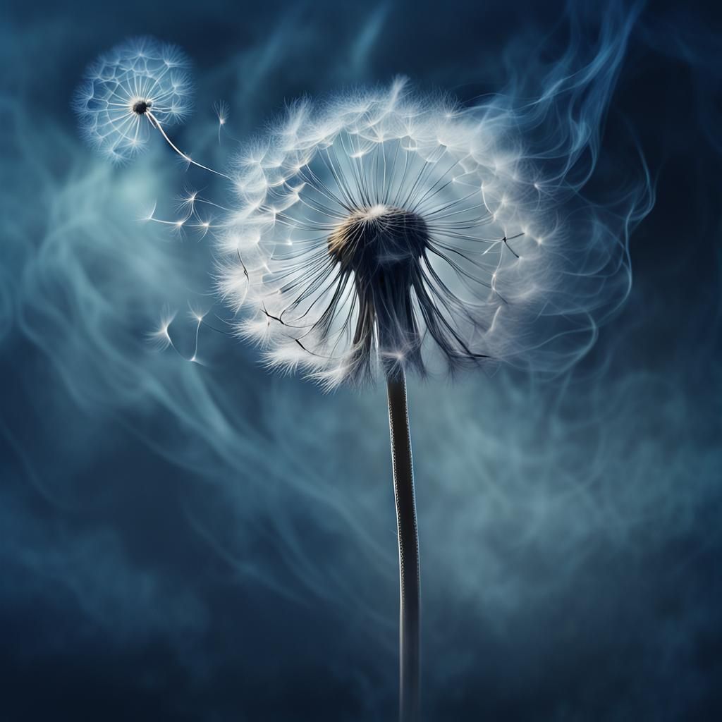 A wind_swept dandelion seeded flower made entirely of smoke, blowing in ...