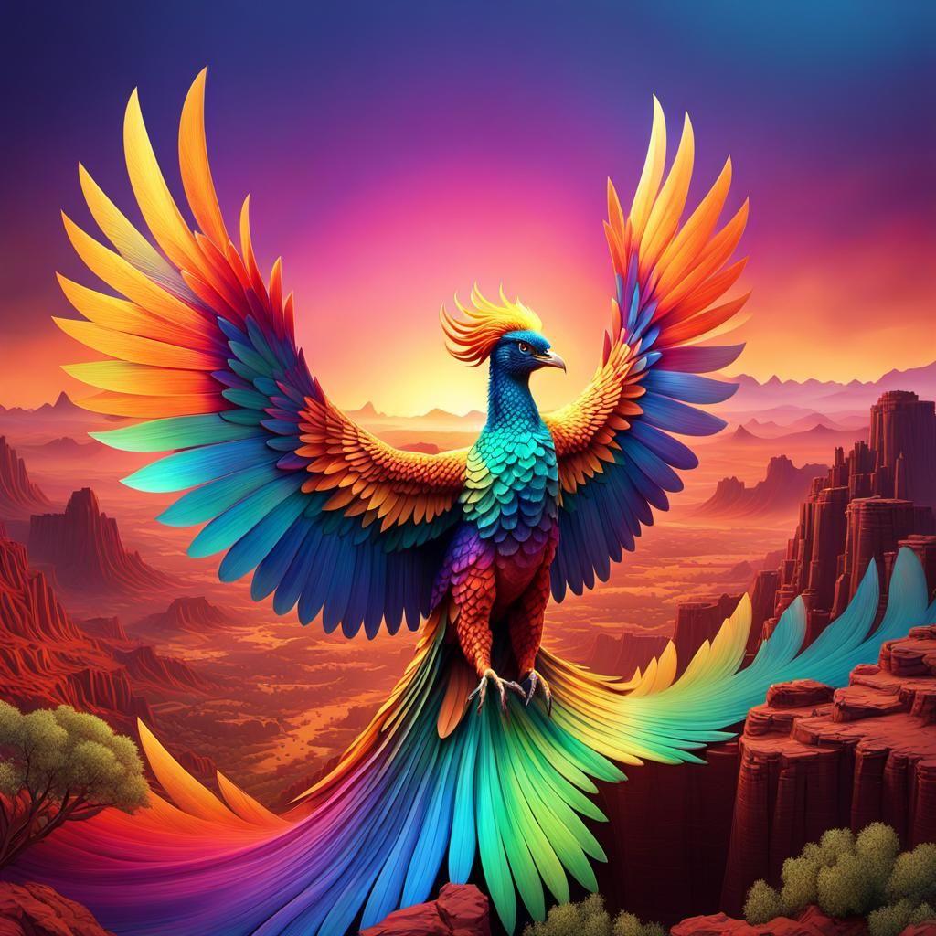 Multicolored phoenix in a epic landscape - AI Generated Artwork ...