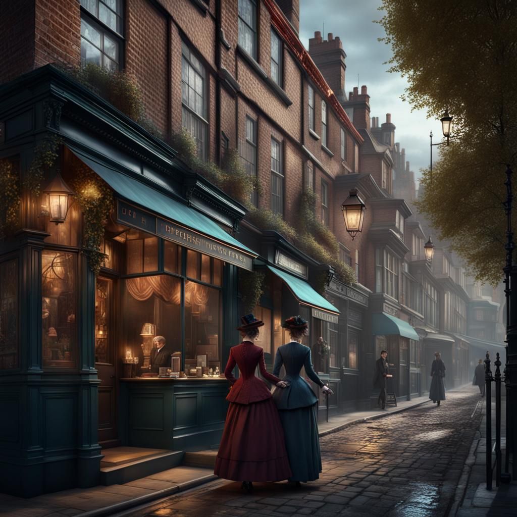 A small street in London with two ladies dreeed in... - AI Art