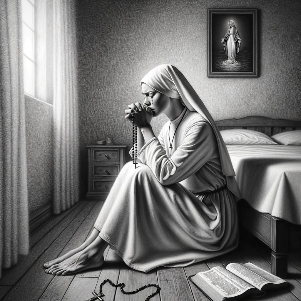 A nun praying on her knees on the floor of her room, with her elbows ...
