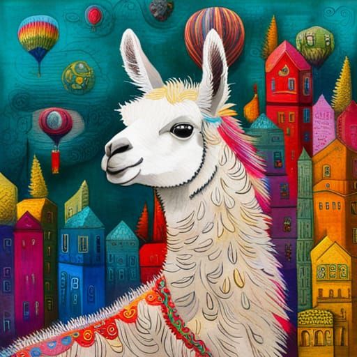 Llama - Regal Llama Collage in Triadic Colors and Intricate ...