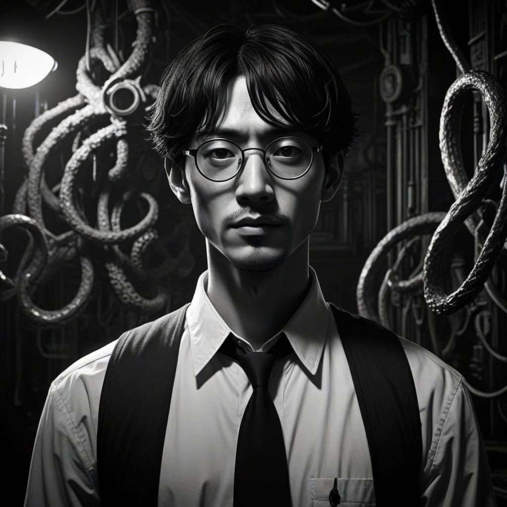 Cosmic Horror Scientist in Whimsical Black and Whi... - AI Art