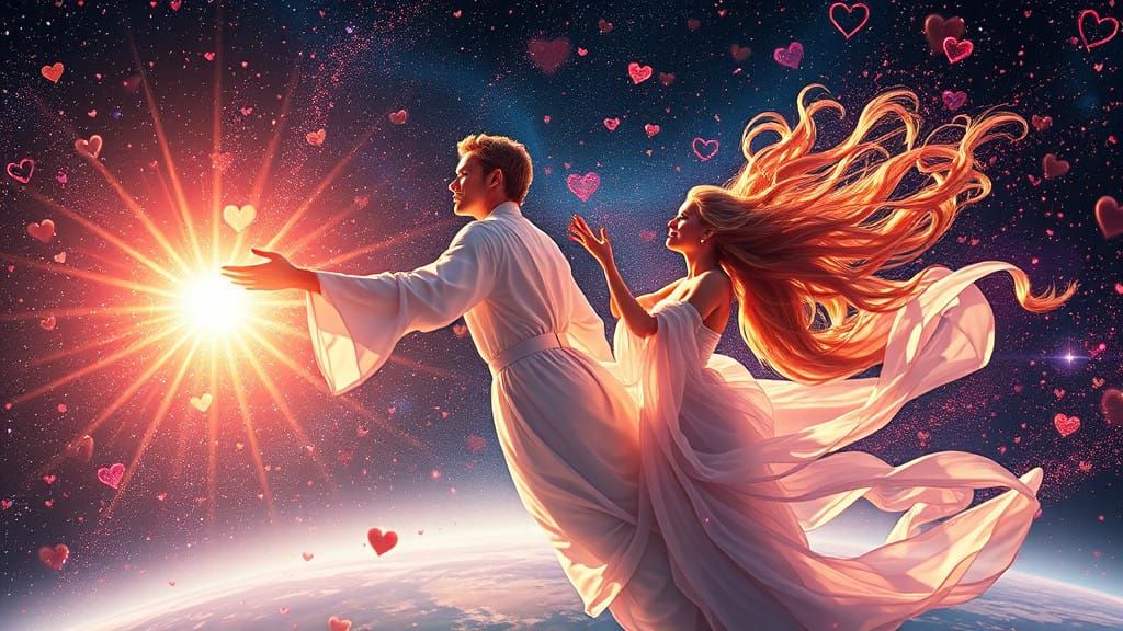 Twin Souls Touch Celestial Light in a Cosmic Dance... - AI Art