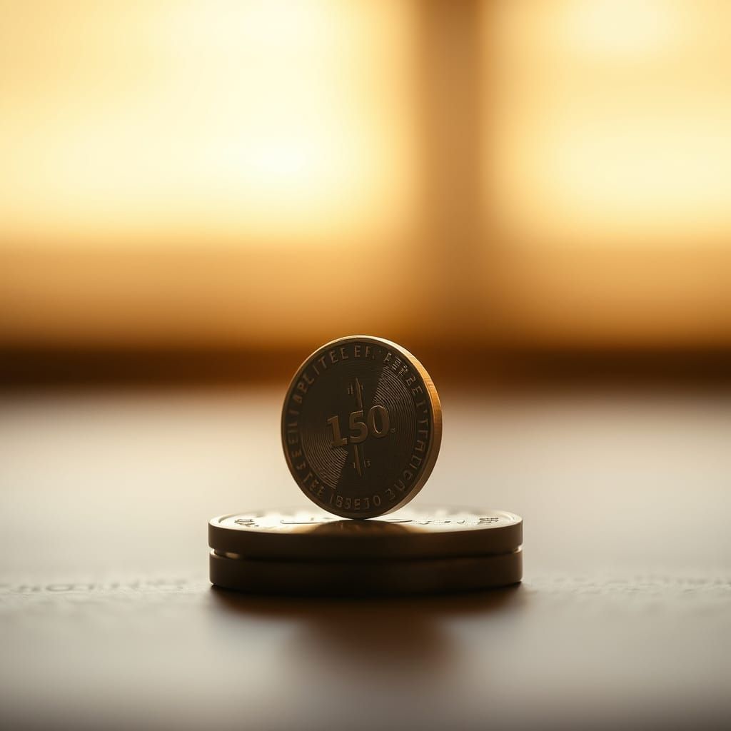 Coin Balanced on Edge in Warm Natural Light - AI Art