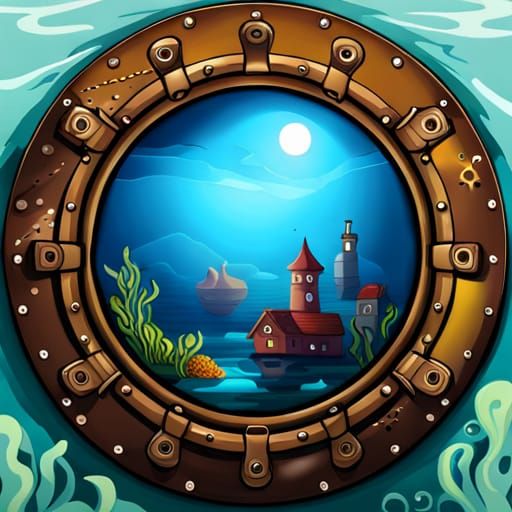 Underwater Round steampunk porthole window, view of underwater fantasy ...