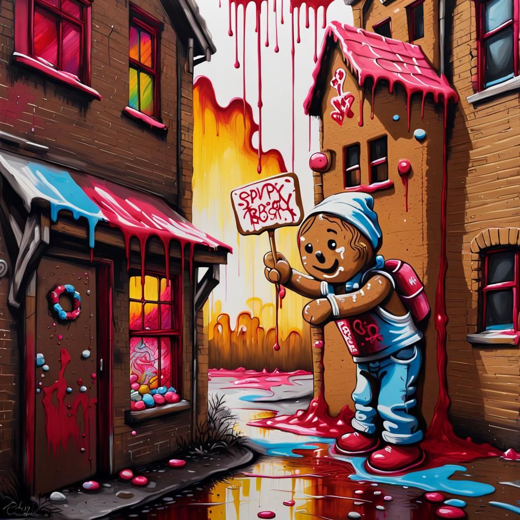 Gingerbread house Banksy inspired deep red graffiti art, splash art ...