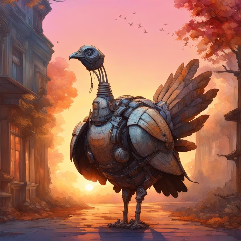 Robot Turkeys Thanksgiving (light at dawn:1.9) (watercolors:1.9) 8k ...