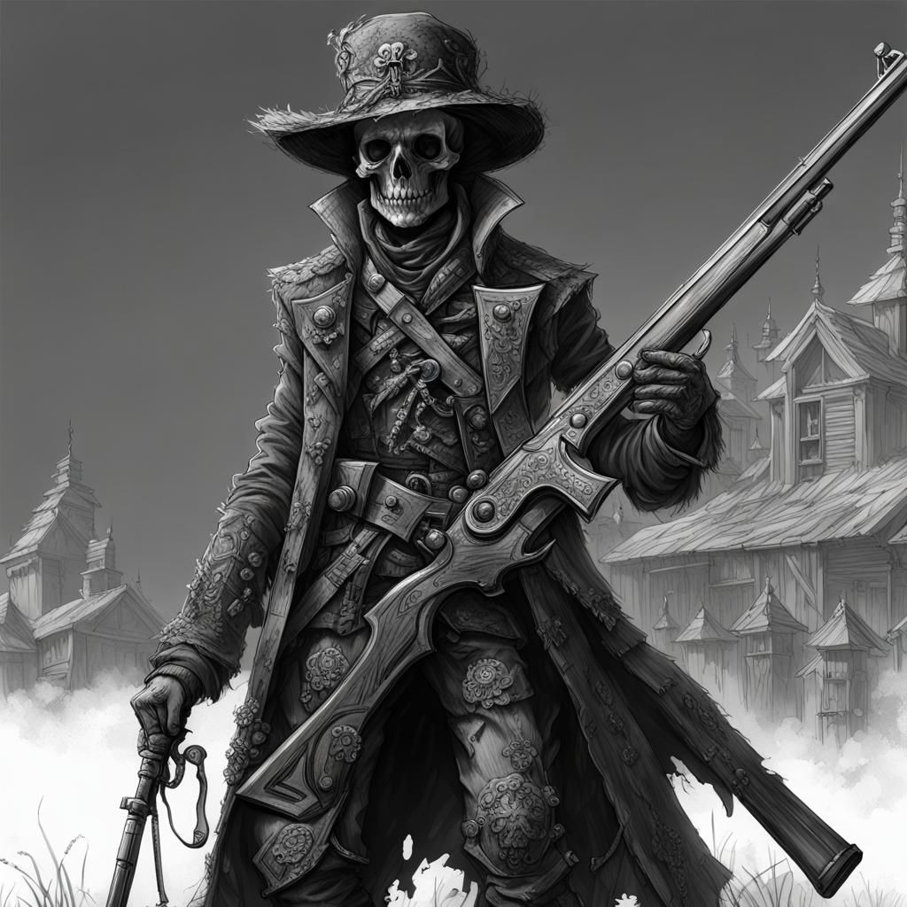 Dark, portrait, skeleton, rotted coat and boots, torn, rusty musket ...