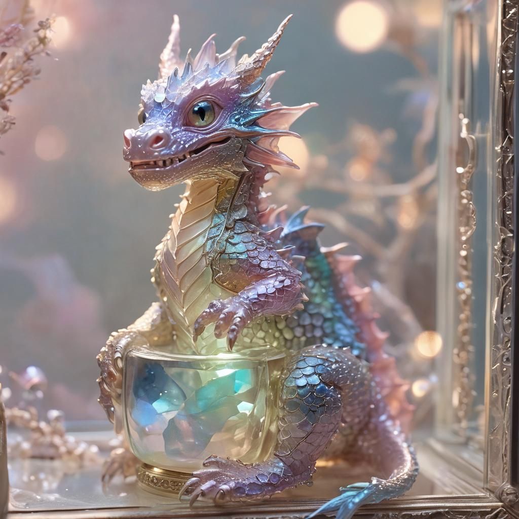 A cute miniature baby dragon sitting in a glass jewelry box overflowing ...