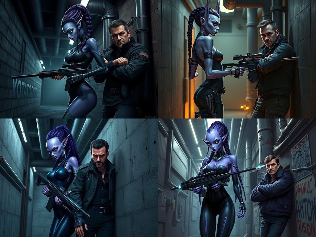 A female alien assassin is holding a slimline sniper rifle. In front of ...