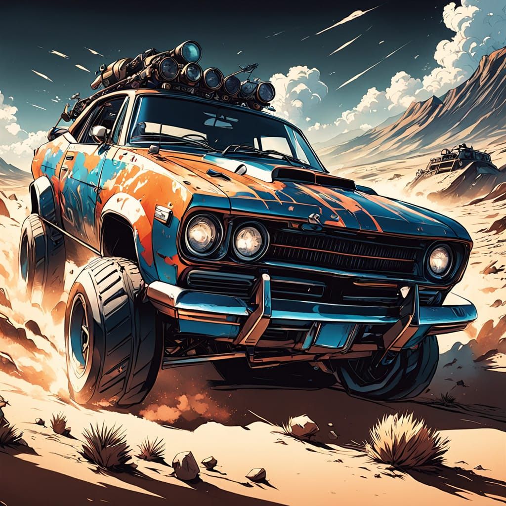 High-Octane Post-Apocalyptic Muscle Car Speeds Thr... - AI Art