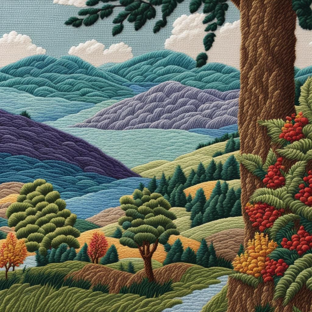 16k resolution, scenic embroidery representation, landscape scenes in ...