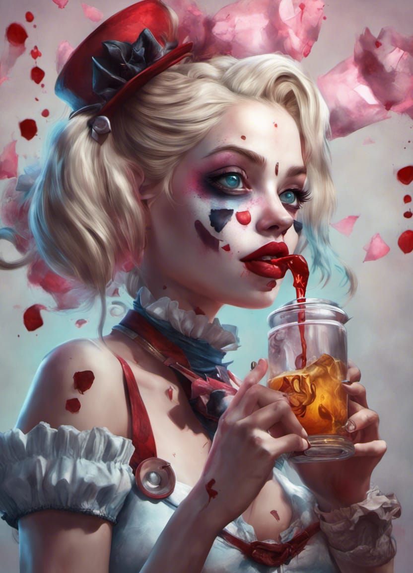 Gorgeous Harley Quinn in Alice in wonderland drinking the drink me ...