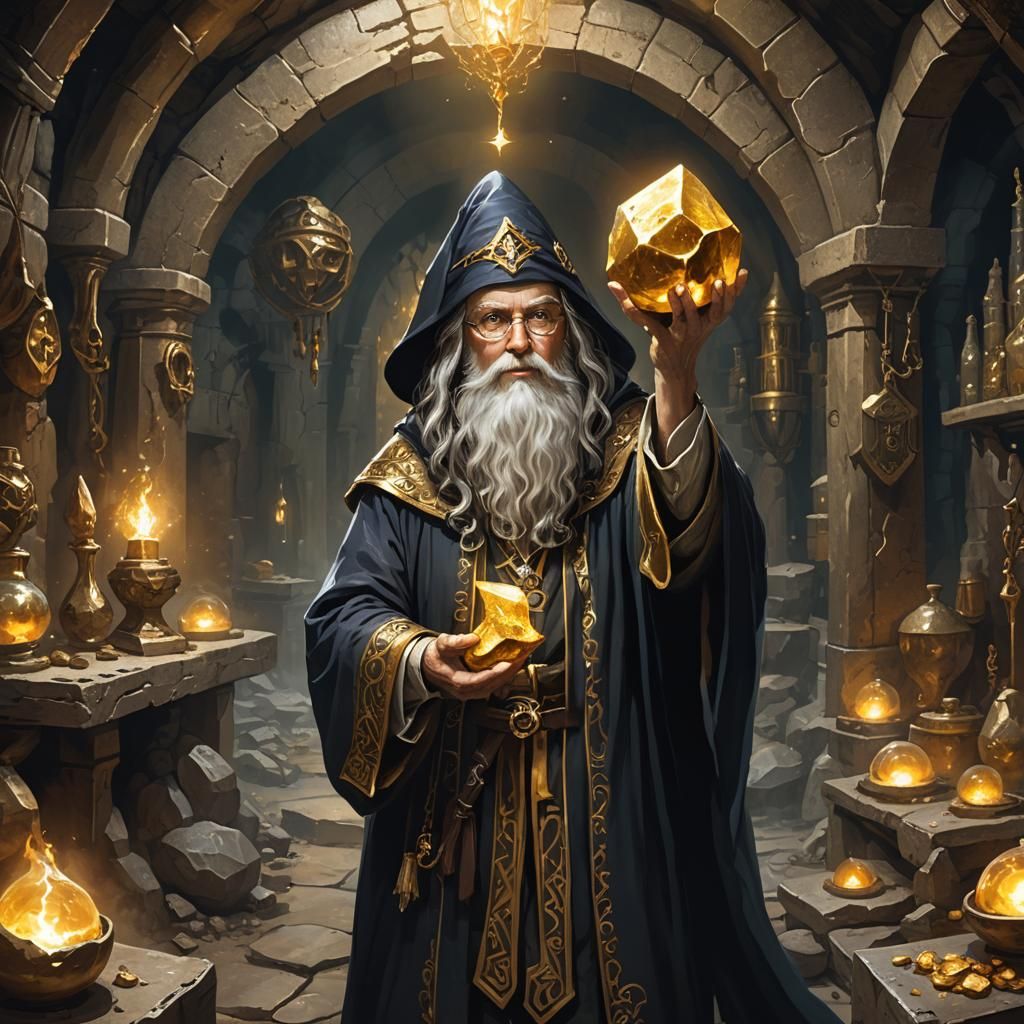 a wizard holding up a golden rock with a look of awe, in an underground ...