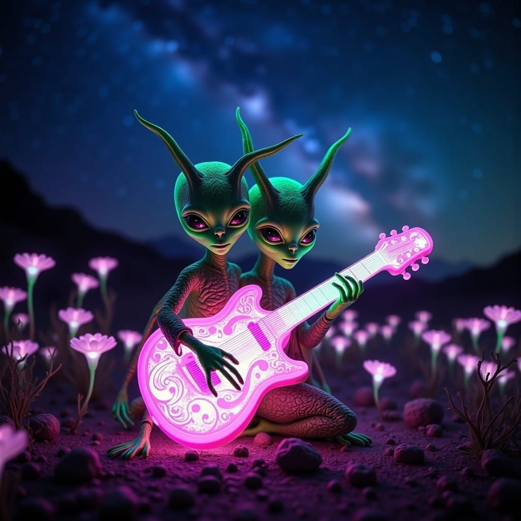 Ethereal Alien Guitarist Amidst a Cosmic Landscape - AI Art