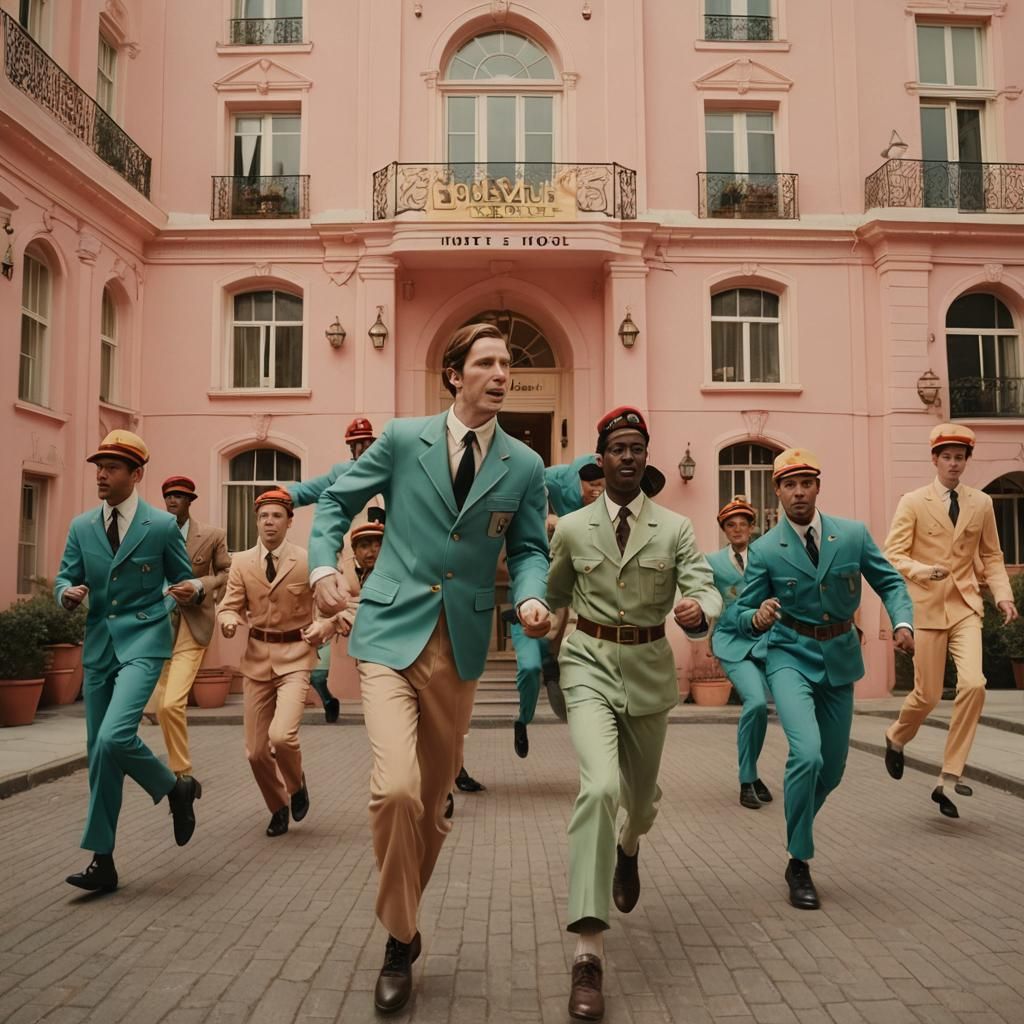 Bell Boys Dance Behind Wes Anderson-Inspired Hotel - AI Art