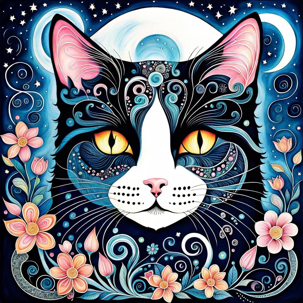 cats flowers ethereal moonlight abstract swirls zentangle - AI ...