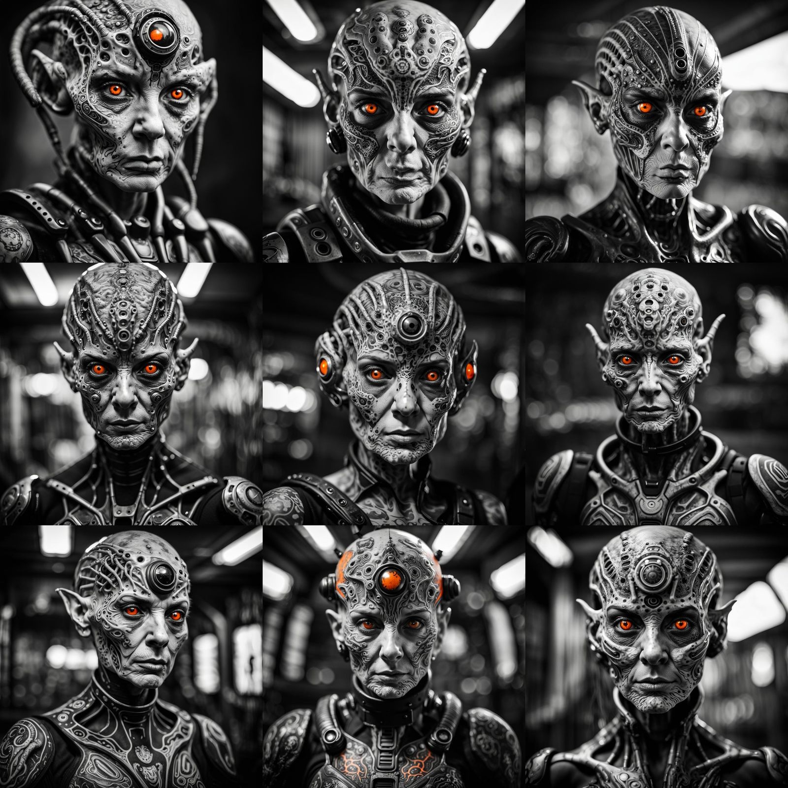black and white portrait of an female borg alien Keltic war veteran in ...