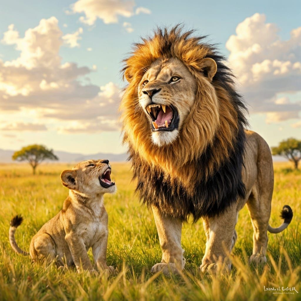 Lion Teaches Cub to Roar - AI Art