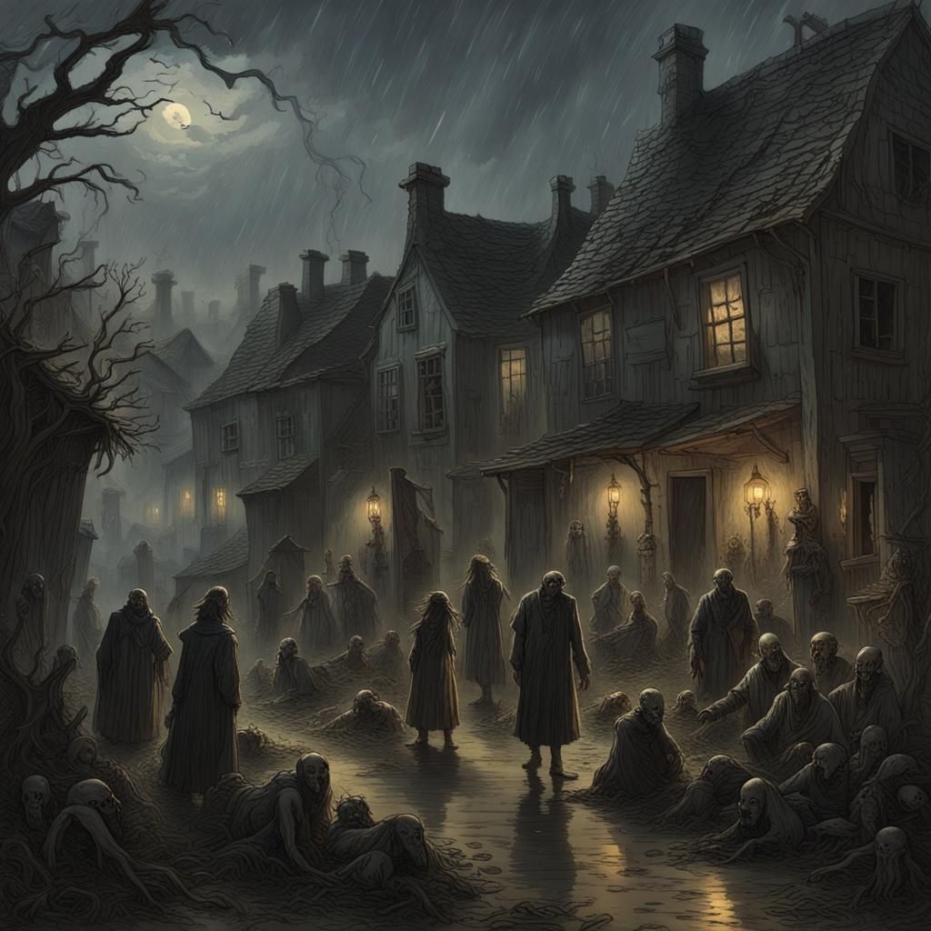 A haunted village and zombified villagers, at dusk, raining, garden ...