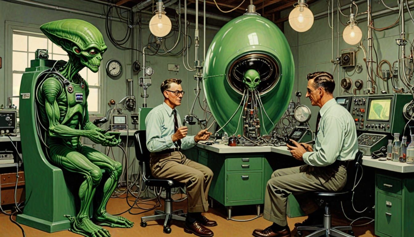 Two Green Aliens in a Retrofuturistic Lab Scene - AI Art