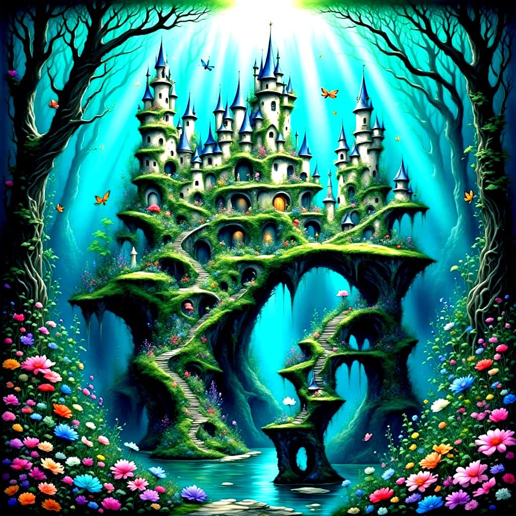 Mermaid, underwater fantasy castle, seaweed forest by pino daeni, whimsical