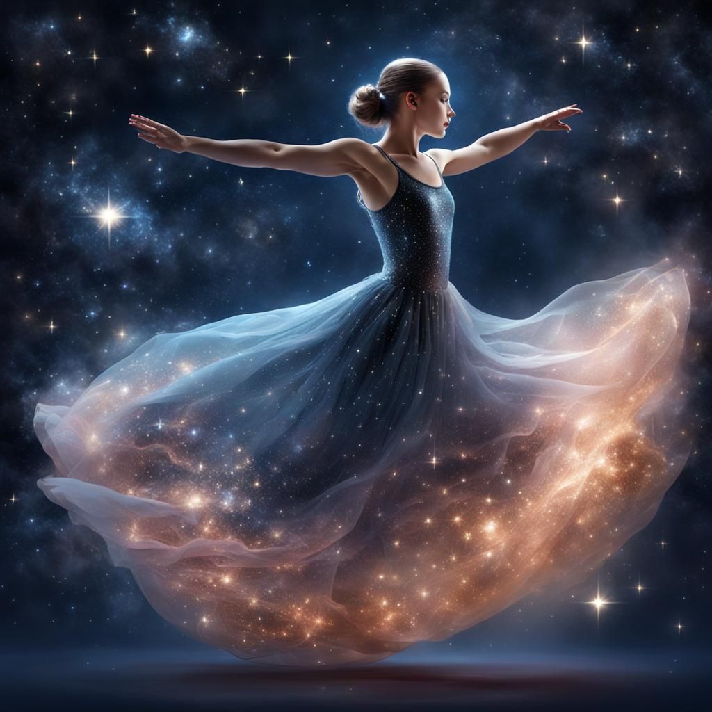 Girl dancing ballet in space, with a chiffon dress that shines with the ...