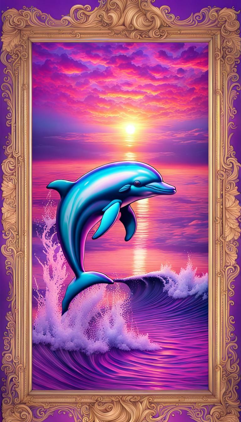 "Psychedelic Dolphin jumps out of the shimmering ocean, purple pink ...