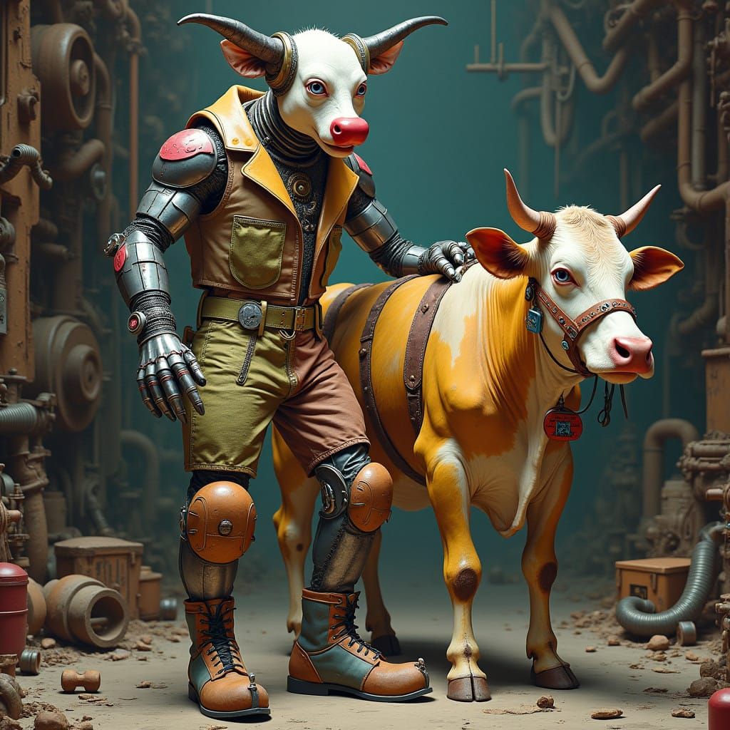 A ferrofluidic, humanoid clown cyborg, advanced, with a pet cow ...