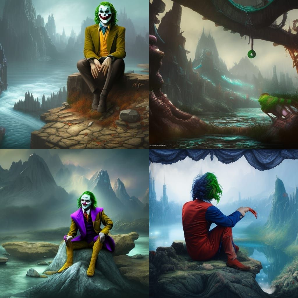 The joker sit with his feet in a stream detailed matte painting, deep ...