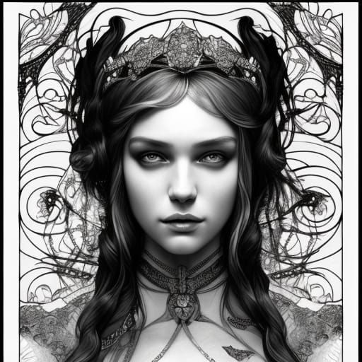 Colouring page outline of a gothic princess, uncoloured lineart ...