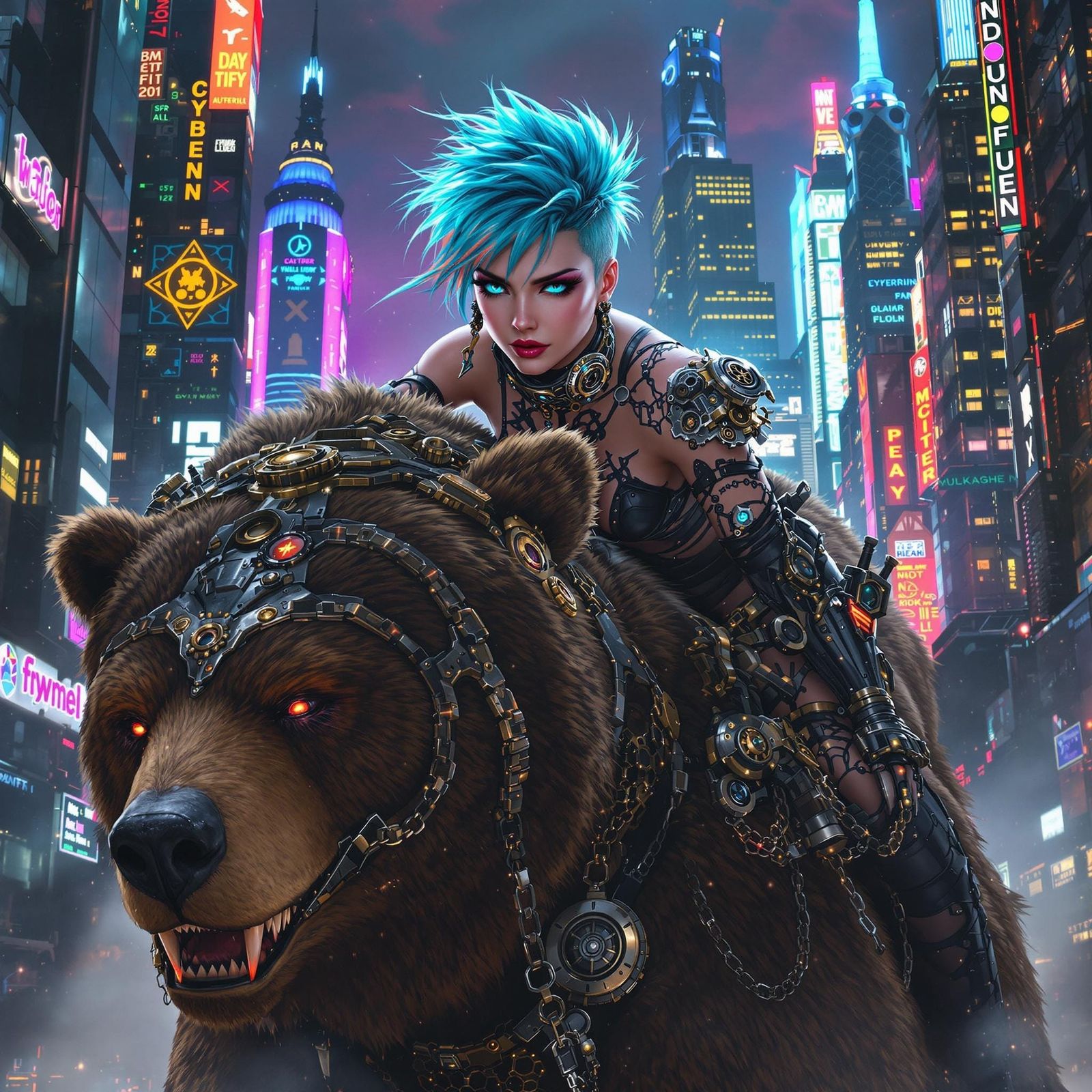 Cyberpunk Valkyrie on Steam-Powered Bear - AI Art