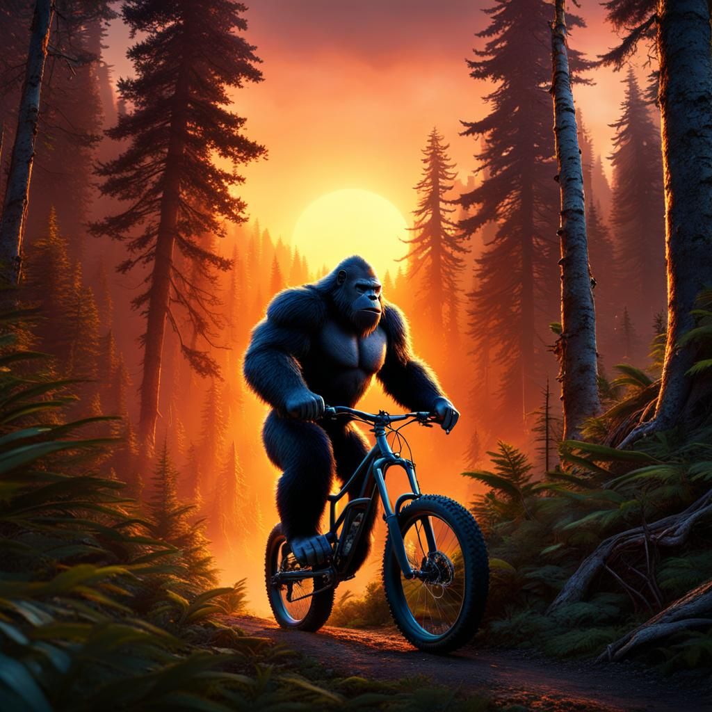 Bigfoot riding a mountain bike through the forest at sunset - AI ...