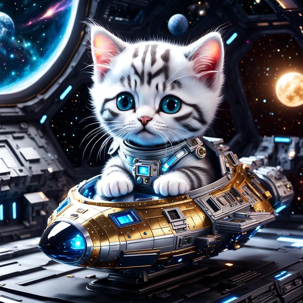 Cute Astronaut Kitten and Mini Spaceship inside a Real Spaceship