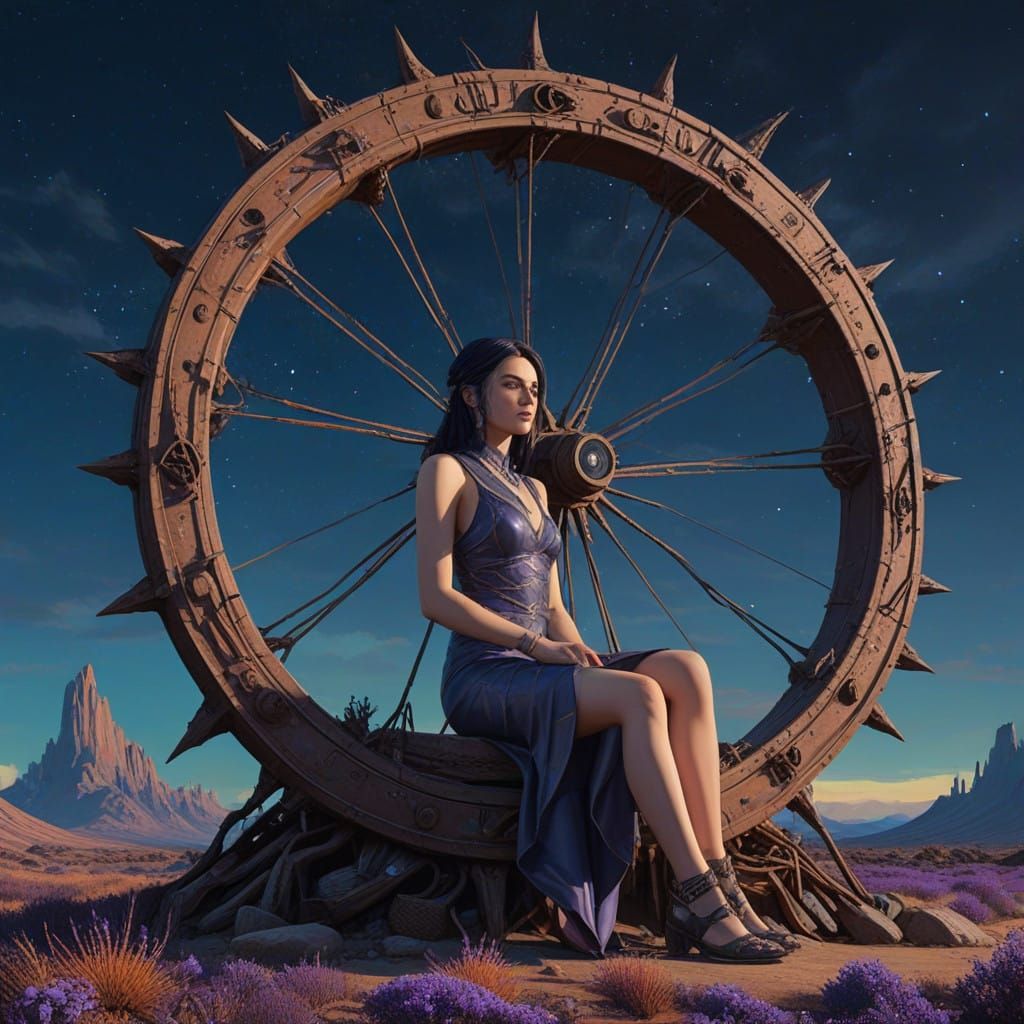 Beautiful woman sitting on a spiked wheel